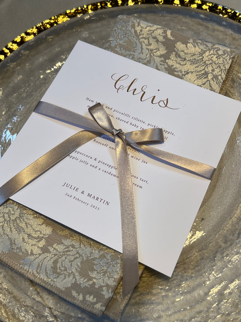 Square personalised menus with bow – MagentaInkCalligraphy
